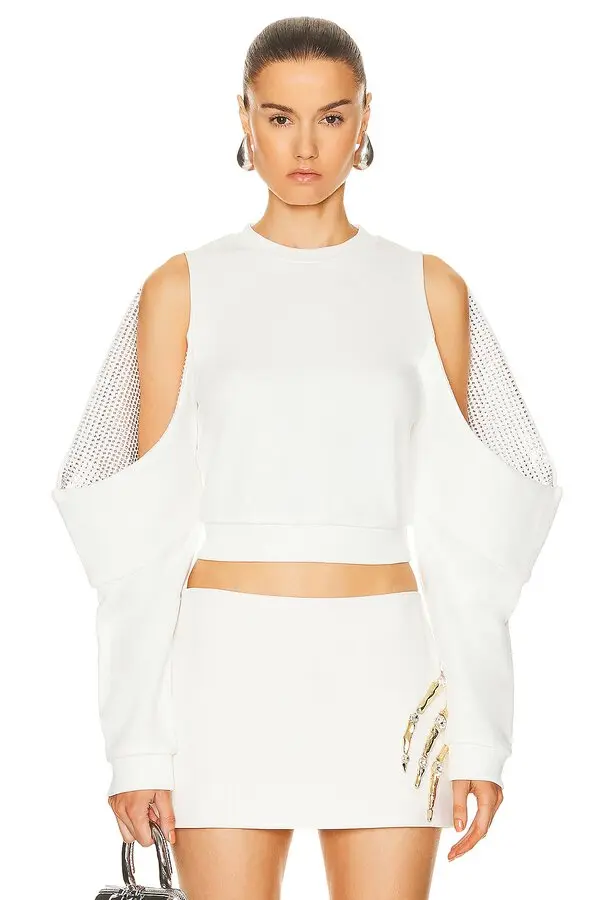 AREA Crystal Embellished Cold Shoulder Sweatshirt