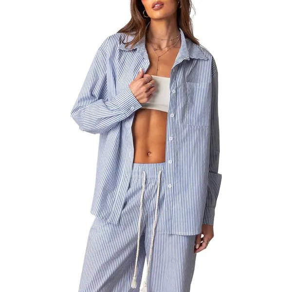EDIKTED Pinstripe Cotton Button-up Shirt - Blue