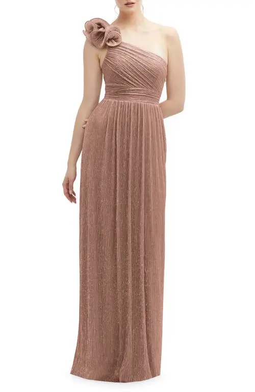 After Six Ruffle One-shoulder Metallic Gown
