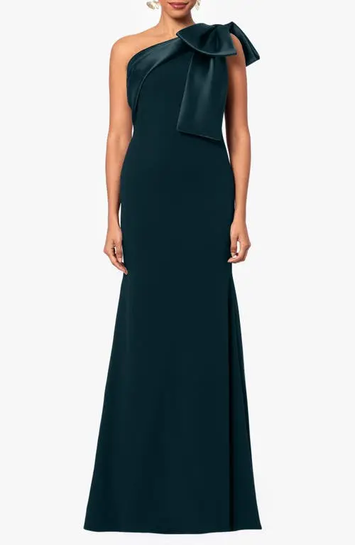 Betsy & Adam Bow One-shoulder Crepe Mermaid Gown - Pine