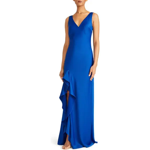 Monique Lhuillier Ashlynn Ruffle Satin Gown - Royal Azure | Editorialist