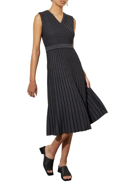Ming Wang Stripe Sleeveless Midi Sweater Dress