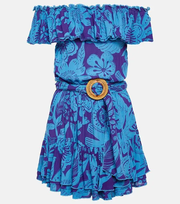 Poupette St Barth Bella Printed Off-shoulder Minidress - Blue