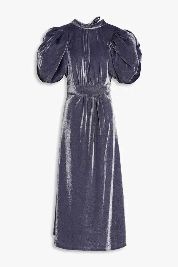 Remain Birger Christensen Cutout Gathered Metallic Jersey Midi Dress