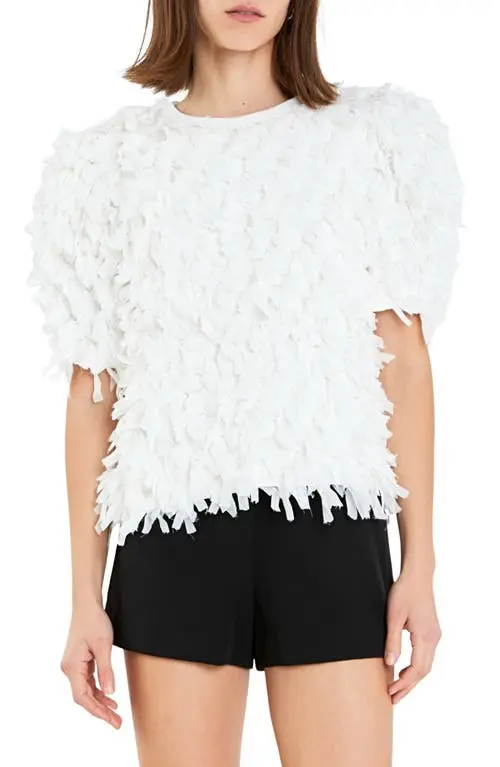 English Factory Puff Sleeve Textured Ribbon Top - White
