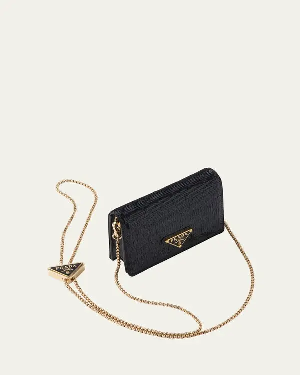 Prada Triangle Logo Sequin Card Holder With Chain Strap - Nero