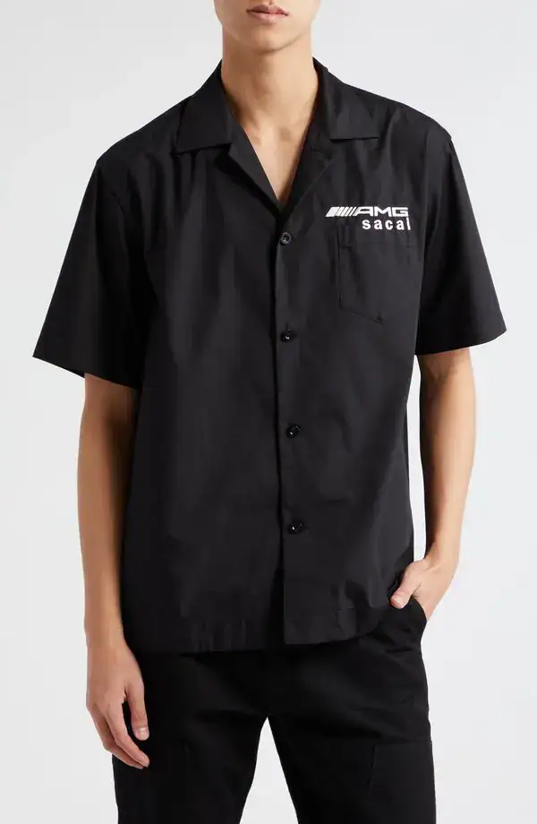 Sacai Amg Logo Embroidered Camp Shirt - Black | Editorialist