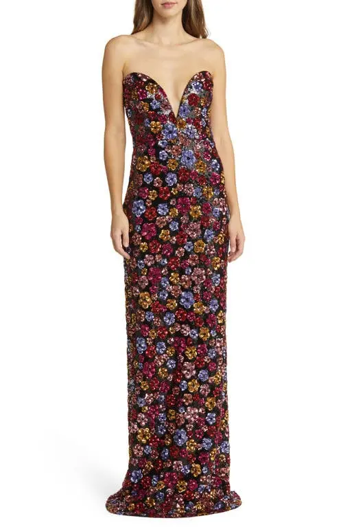 Marchesa Sequin Bouquets Strapless Column Gown