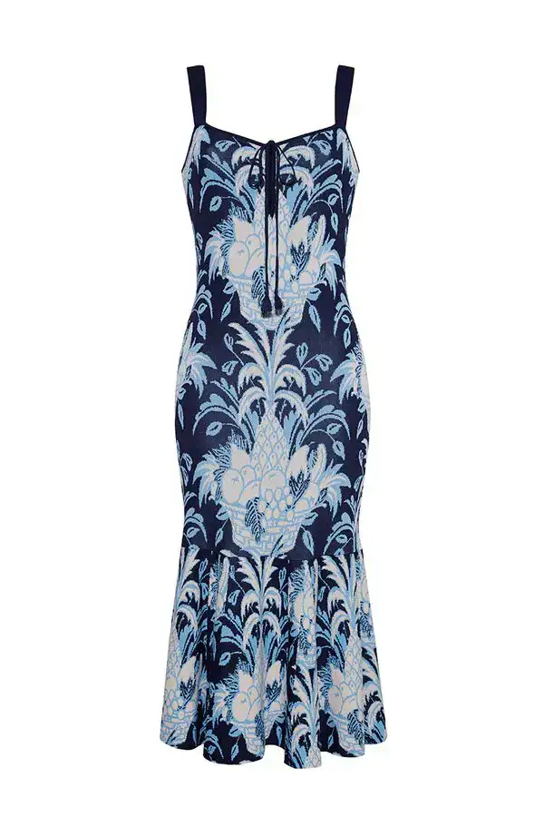 border print pleated knit knee length dress reviews Border Print Pleated Knit Knee Length Dress in Black and Cream main image 1