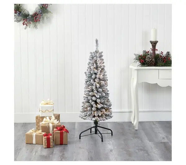 NEARLY NATURAL 4' Flocked Pencil Faux Christmas Tree W/ Lights