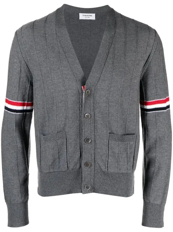 Thom Browne Rwb Striped V-neck Cardigan - Grey
