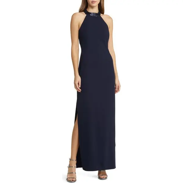 Vince Camuto Sequin Neck Column Gown In Navy 60% Off Editorialist