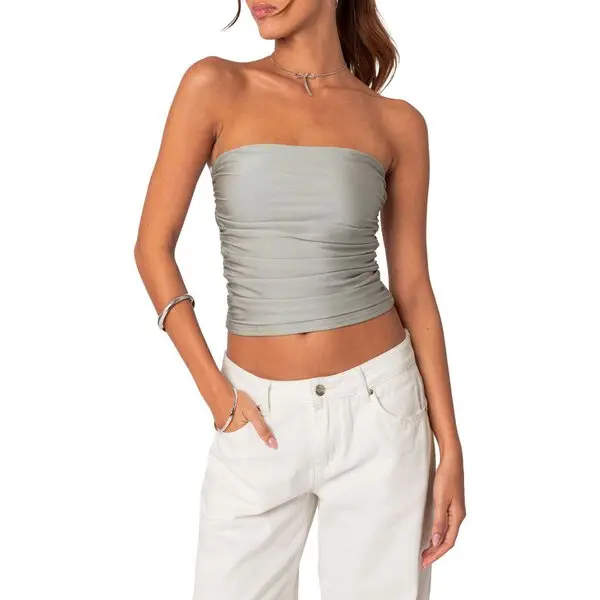 EDIKTED Maxeen Shiny Ruched Crop Tube Top - Silver