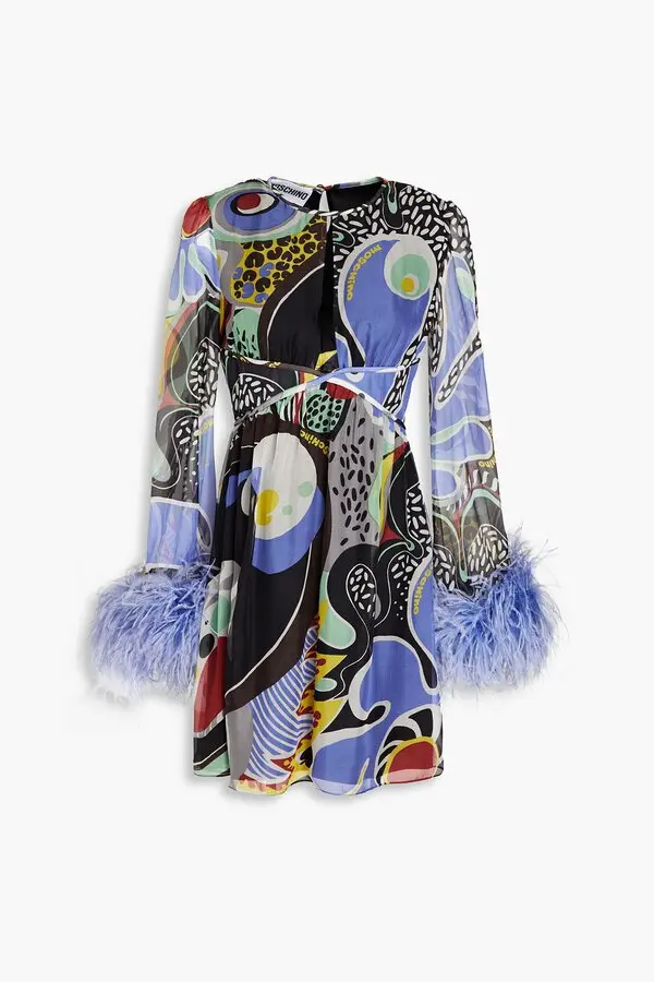 Moschino Feather-embellished Printed Chiffon Mini Dress - Multicolor