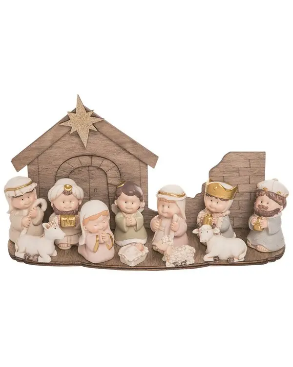 Set Presepe In Resina Cuties Natural 12 Pezzi | Transpac – Statuette Di Natale Con Capanna, Pastori E Re Magi, 15,2 Cm