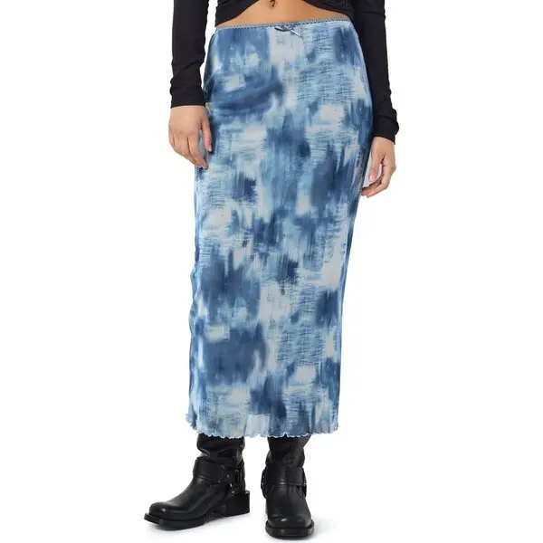 NOISY MAY Lucia Printed Mesh Maxi Skirt - Bright White Aop Blu