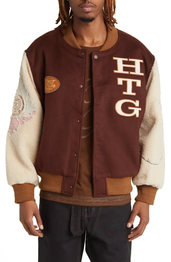 Honor The Gift Letterman Faux Shearling Sleeve Varsity Bomber Jacket In ...
