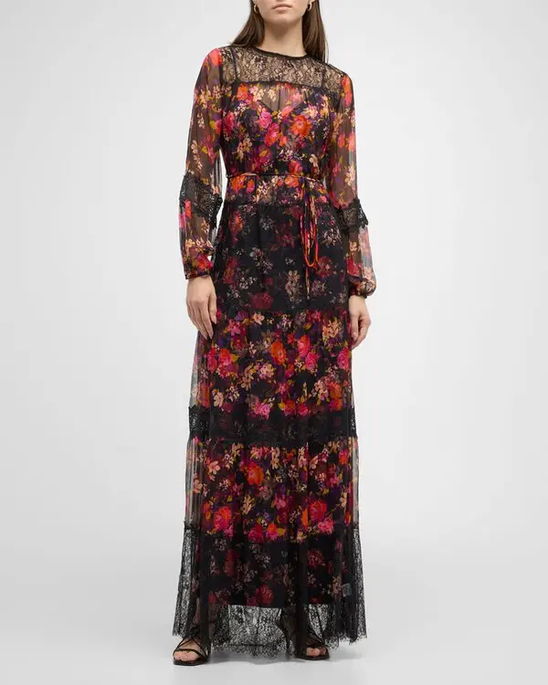 Johnny Was Tiered Floral-print Lace-trim Maxi Dress - Multi | Editorialist