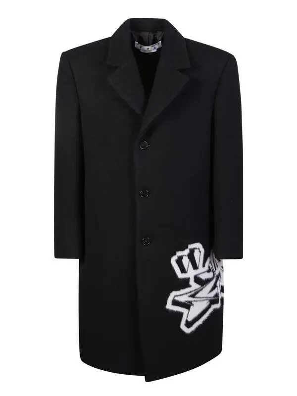 Off-White Single-breasted Coat With Graffiti Print - Black