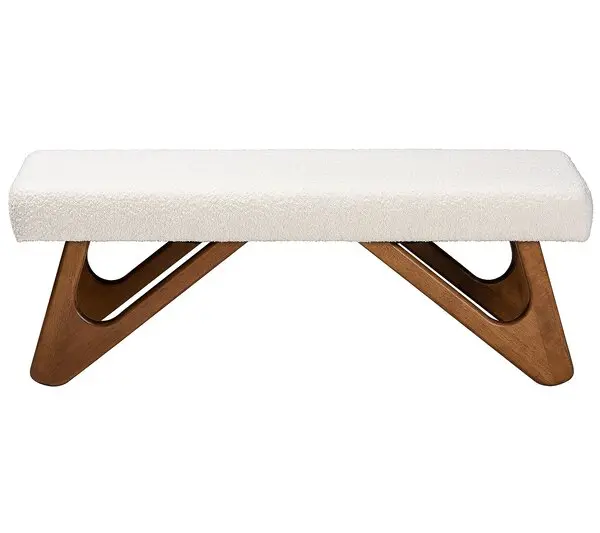 BAXTON STUDIO Rika Cream Boucle Fabric And Brow N Wood Bench
