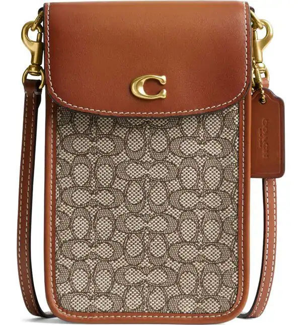 Coach Mini Signature Jacquard & Leather Phone Crossbody Bag - Cocoa ...
