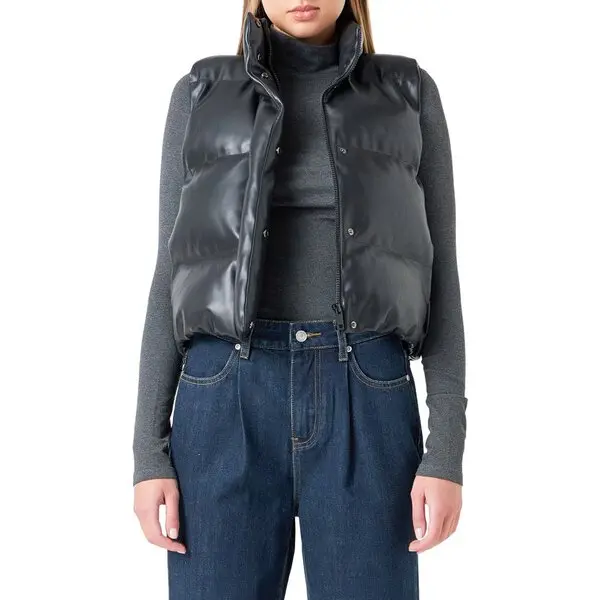 GREY LAB Faux Leather Crop Puffer Vest - Black