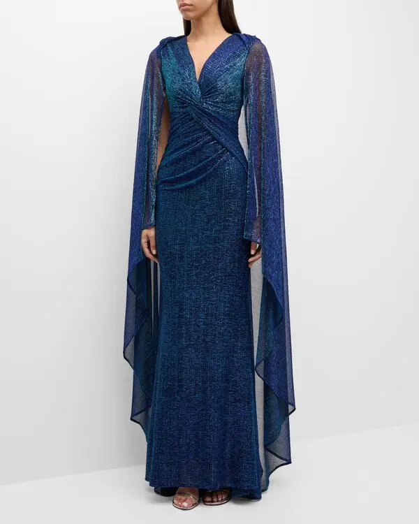Talbot Runhof Matrix Metallic Cape Trumpet Gown - Turquoise