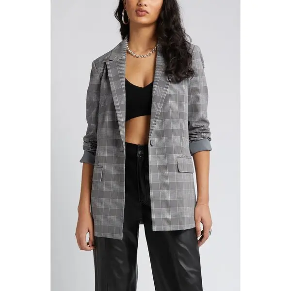 OPEN EDIT Plaid Bracelet Sleeve Blazer