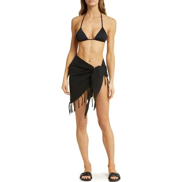 VITAMIN A® Sirena Tassel Linen Blend Sarong - Black Crinkle Linen