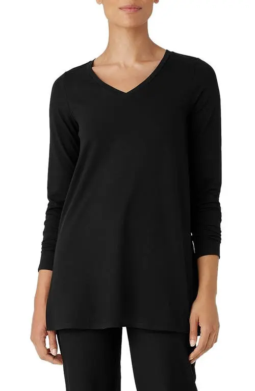 Eileen Fisher Long Sleeve V-neck Tunic Top - Black