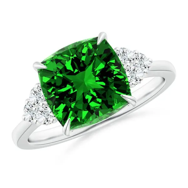 Buy Angara Lab-grown Cushion Emerald Engagement Ring With Trio Diamonds ...