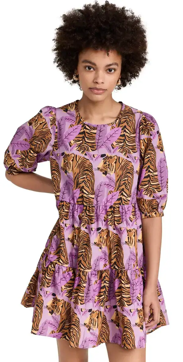 Farm Rio Tiger Leaves Lavender Puff Sleeve Mini Dress - Tiger Leaves ...