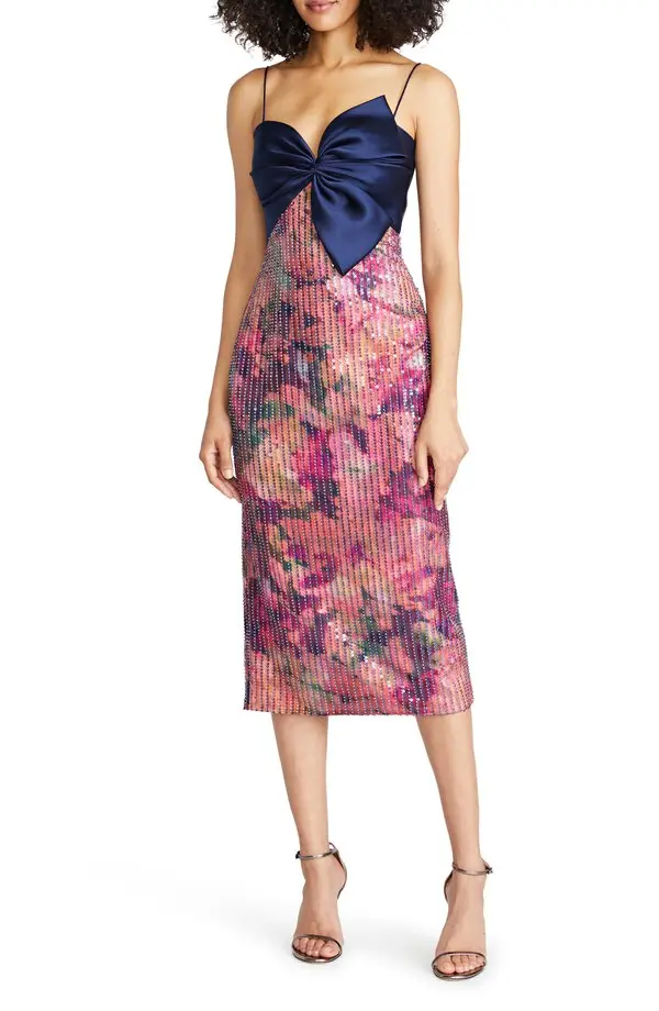 Theia Rosa Sequin Floral Print Asymmetric Bow Cocktail Dress - Aurora |  Editorialist
