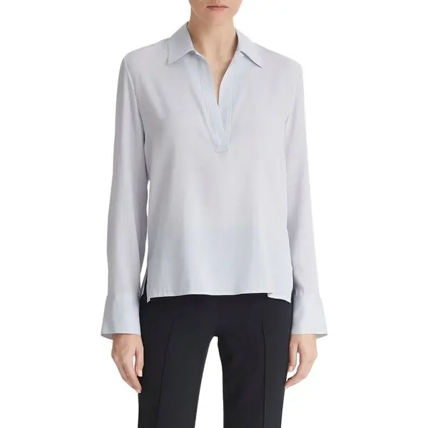 Vince Micro Stripe Stretch Silk Popover Shirt - Sky Graphite