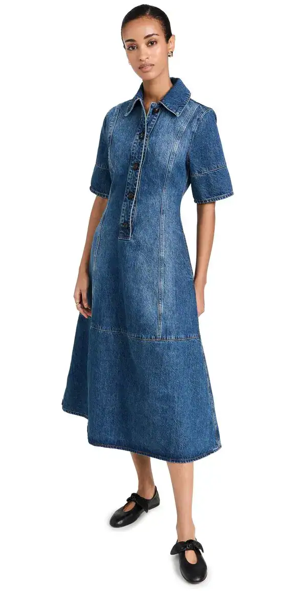 white christmas dresses Plunge Button Up Half Sleeve Denim Dress Medium / XL main image 1