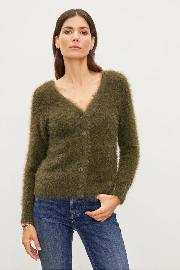 Velvet By Graham Spencer Elle Feather Yarn Cardigan In Green