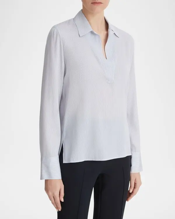 Vince Micro Stripe Silk-blend Pullover Blouse - Sky Graphite