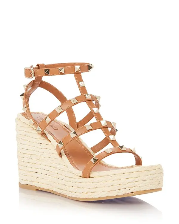 Valentino Garavani Rockstud Espadrille Platform Wedge Sandals - Beige