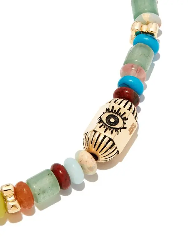 Luis Morais 14k Yellow Ribbed Hexagon Hamsa Bolt Tiger’s Eye Beaded Bracelet - Gold