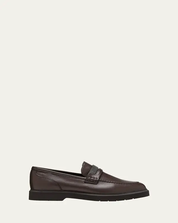 Brunello Cucinelli Leather Penny Loafers With Monili Detail - Testa Moro