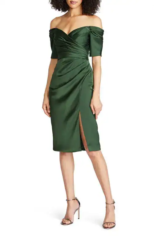Theia Holland Pleated Off The Shoulder Satin Cocktail Dress - Moss Green |  Editorialist