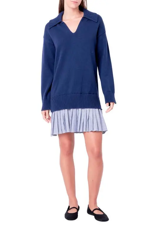 English Factory Mixed Media Long Sleeve Minidress - Navy/navy