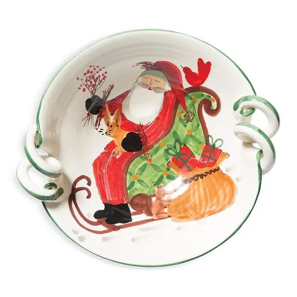 VIETRI Old St. Nick Handled Scallop Bowl With Sleigh