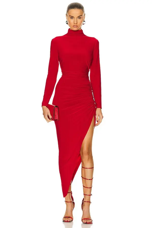 Norma Kamali Long Sleeve Turtleneck Side Drape Gown - Tiger Red