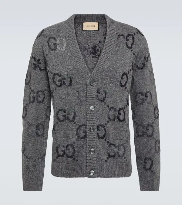 Gucci Jumbo Gg Intarsia Wool-blend Cardigan - Grey