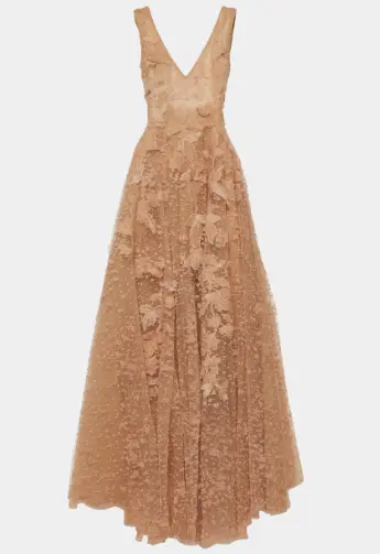 Costarellos Appliqué Tulle Gown - Beige
