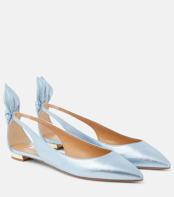 Aquazzura Bow-Detail Leather Ballet Flats In Blue 30% Off