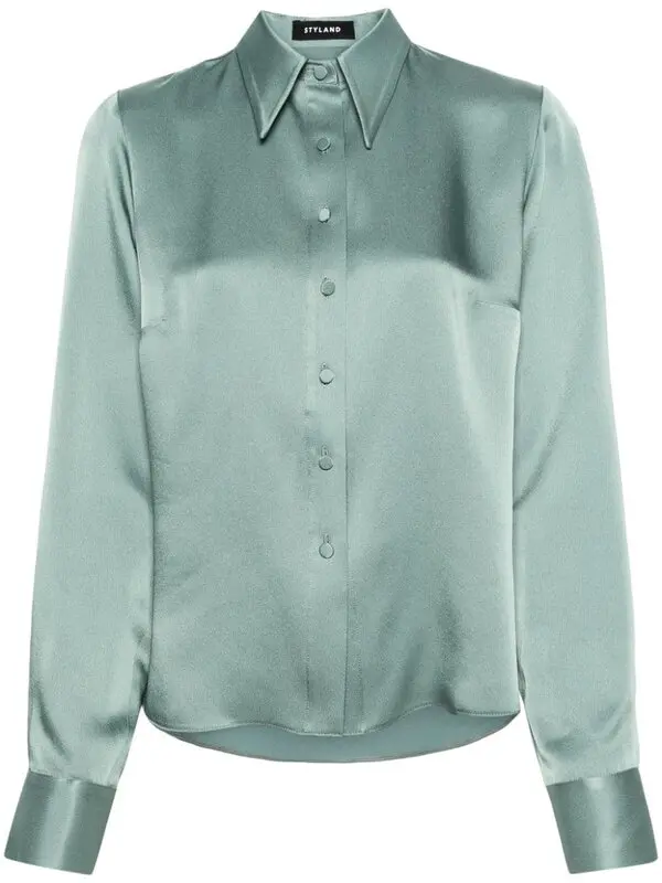 STYLAND Pointed Collar Satin Shirt - Green