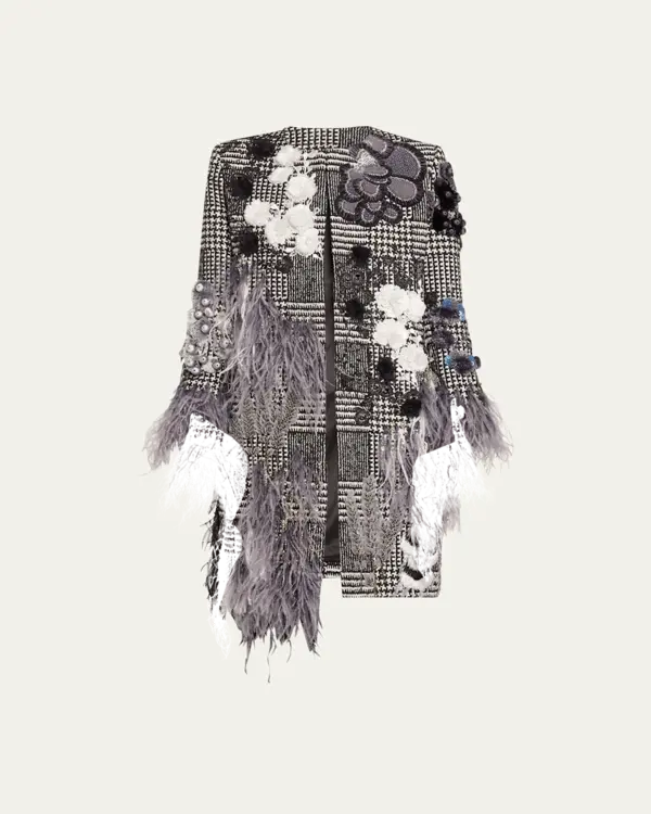 Libertine Houndstooth Top Coat With Feathers And Embroidery