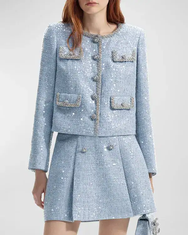SELF-PORTRAIT Cropped Sequin Boucle Jacket - Blue | Editorialist